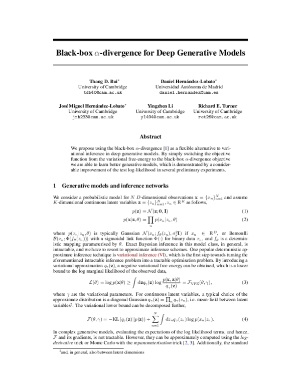 Pdf Black Box α Divergence For Deep Generative Models Thang Bui
