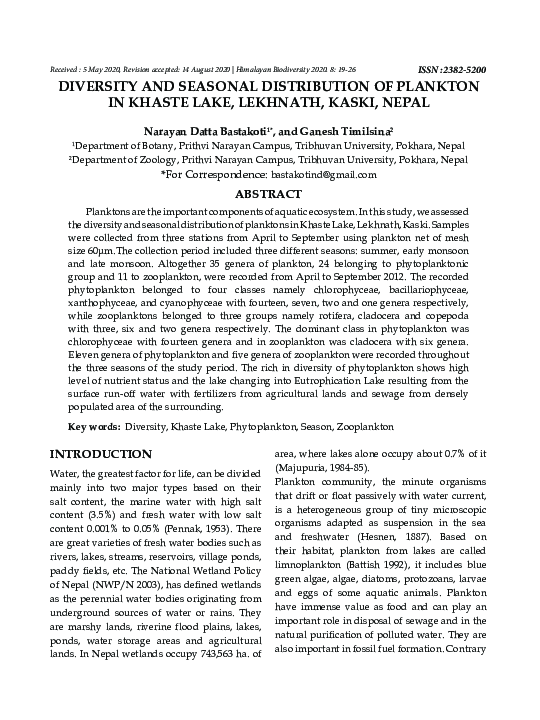 (PDF) Diversity and Seasonal Distribution of Plankton in Khaste Lake ...