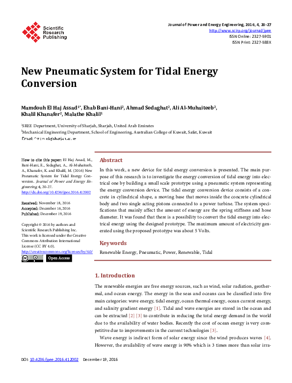(PDF) New Pneumatic System for Tidal Energy Conversion
