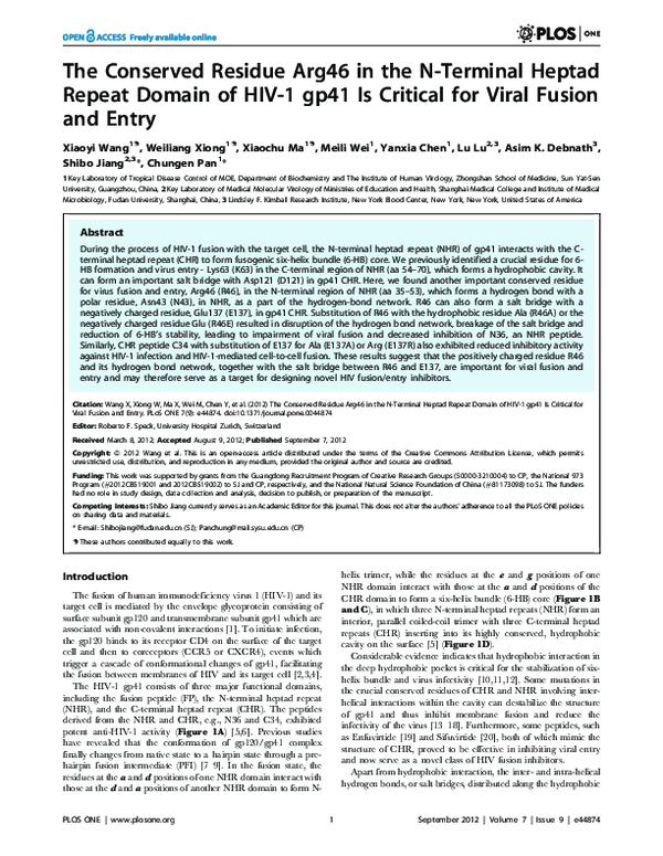 (PDF) The Conserved Residue Arg46 in the N-Terminal Heptad Repeat ...