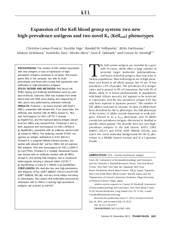 (PDF) Expansion of the Kell blood group system: two new high-prevalence ...