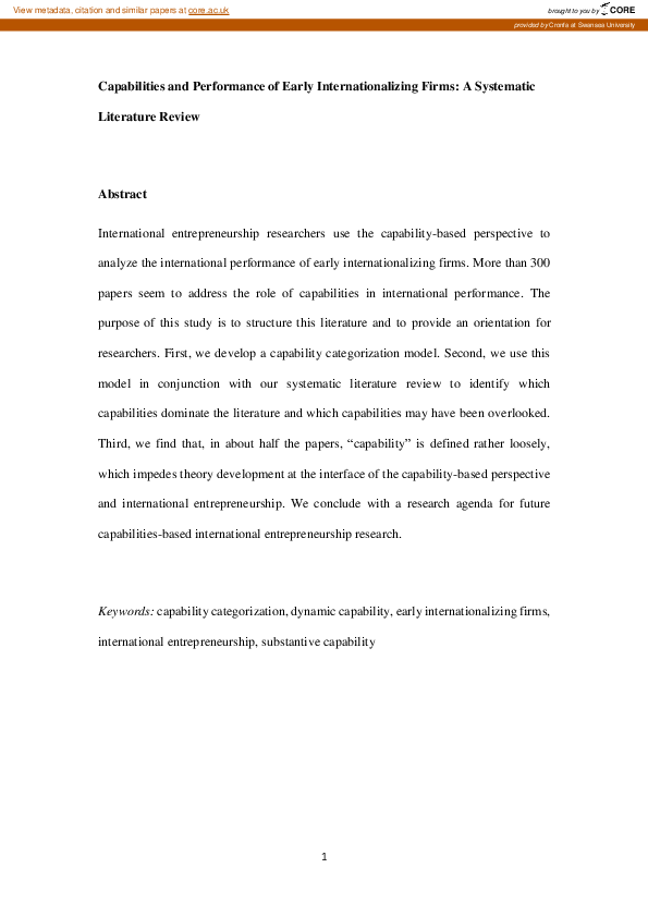 (PDF) Capabilities and Performance of Early Internationalizing Firms: A Systematic Literature Review
