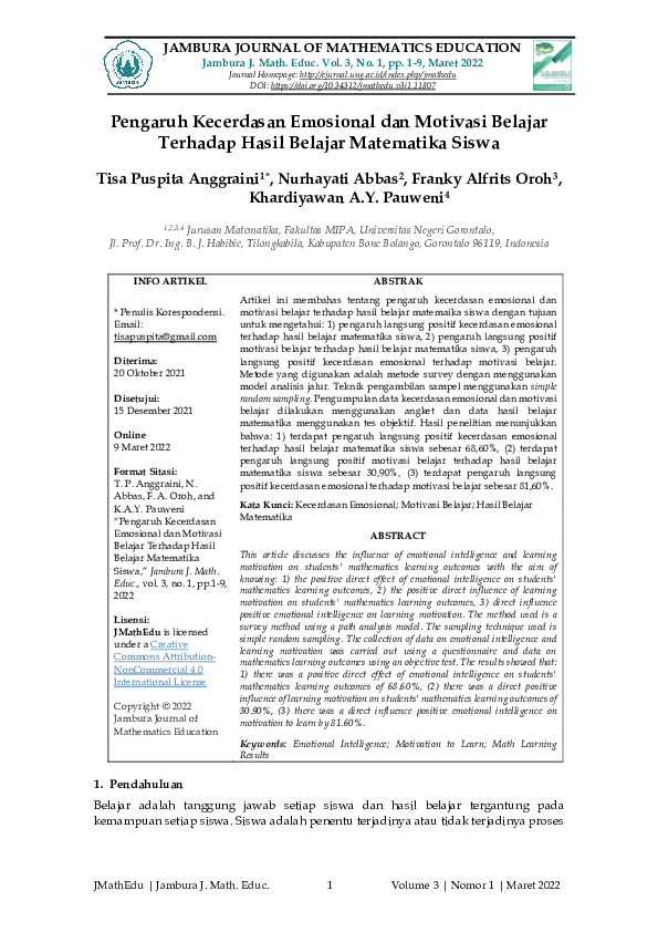 (PDF) Pengaruh Kecerdasan Emosional dan Motivasi Belajar Terhadap Hasil Belajar Matematika Siswa