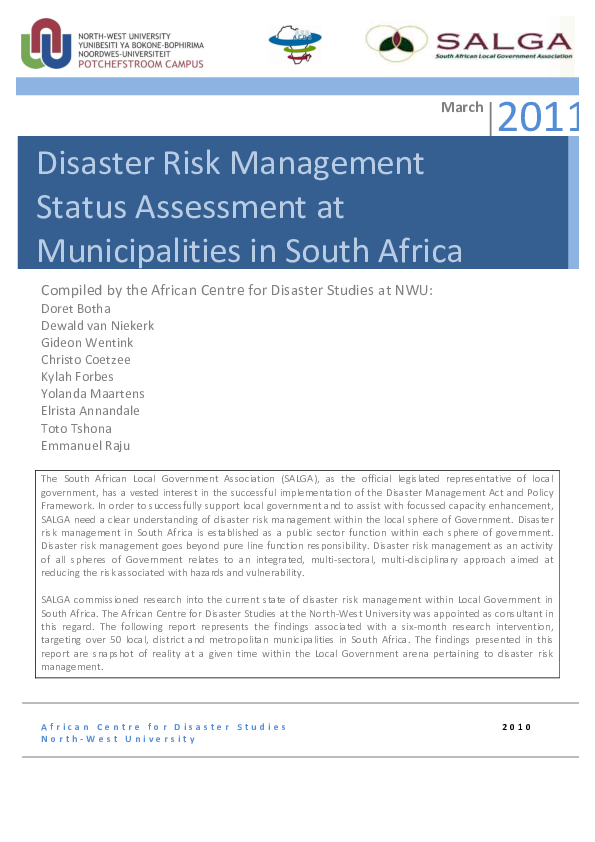 Disaster Risk Management Status Assessment at Municipalities in South ...