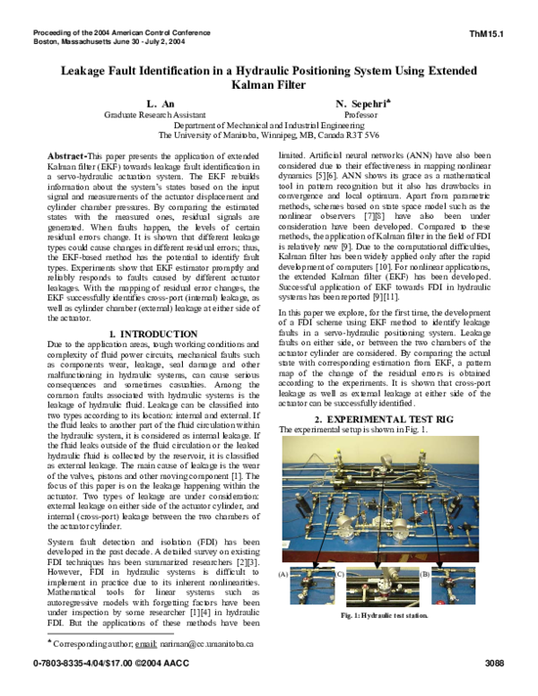 Pdf Leakage Fault Identification In A Hydraulic Positioning System Using Extended Kalman Filter