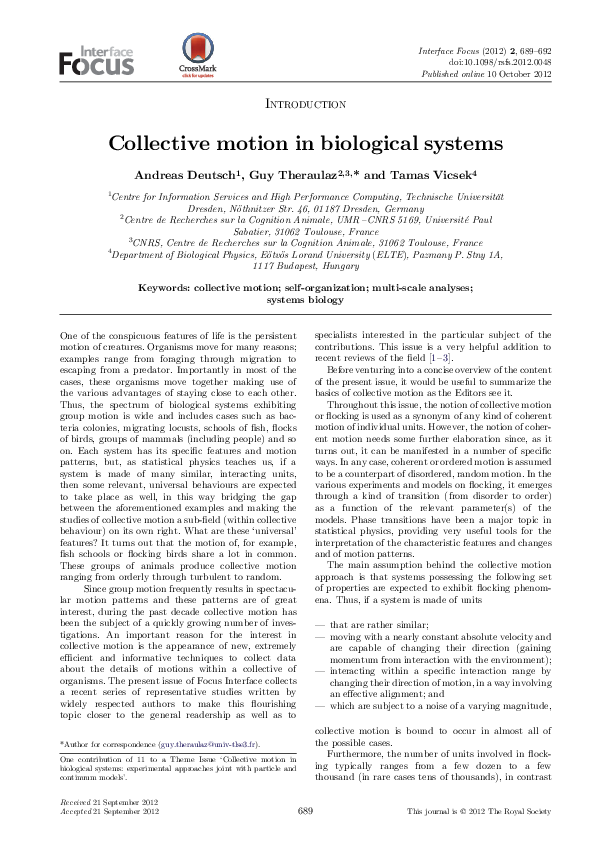 (PDF) Collective motion in biological systems