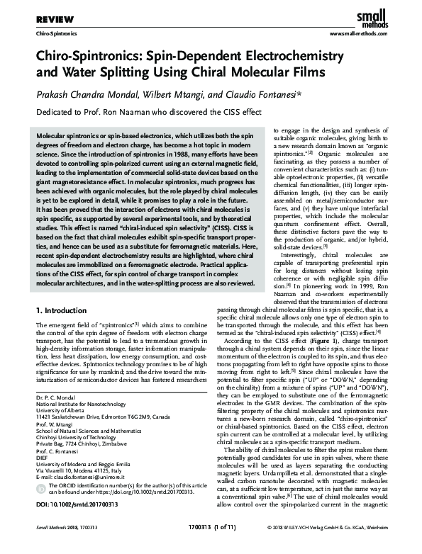 (PDF) Chiro-Spintronics: Spin-Dependent Electrochemistry and Water ...