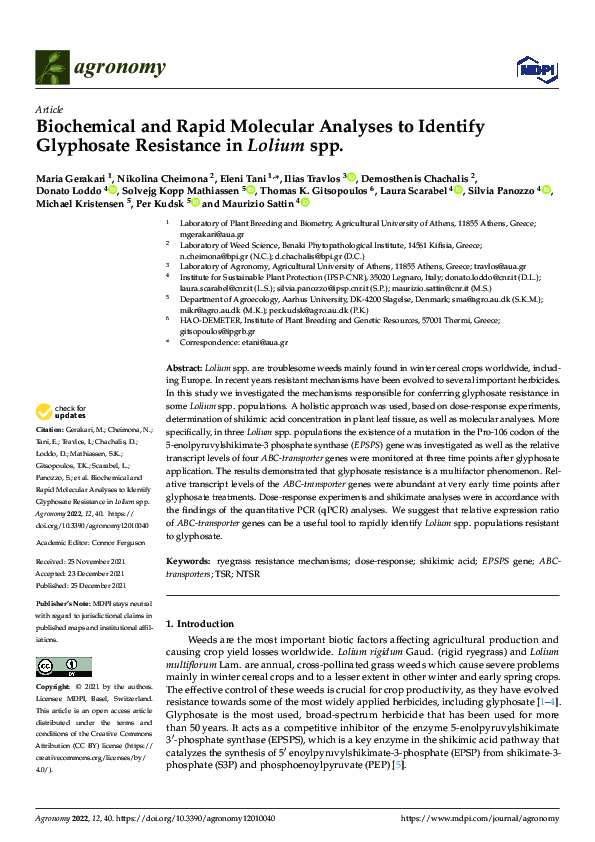 (PDF) Biochemical and Rapid Molecular Analyses to Identify Glyphosate Resistance in Lolium spp