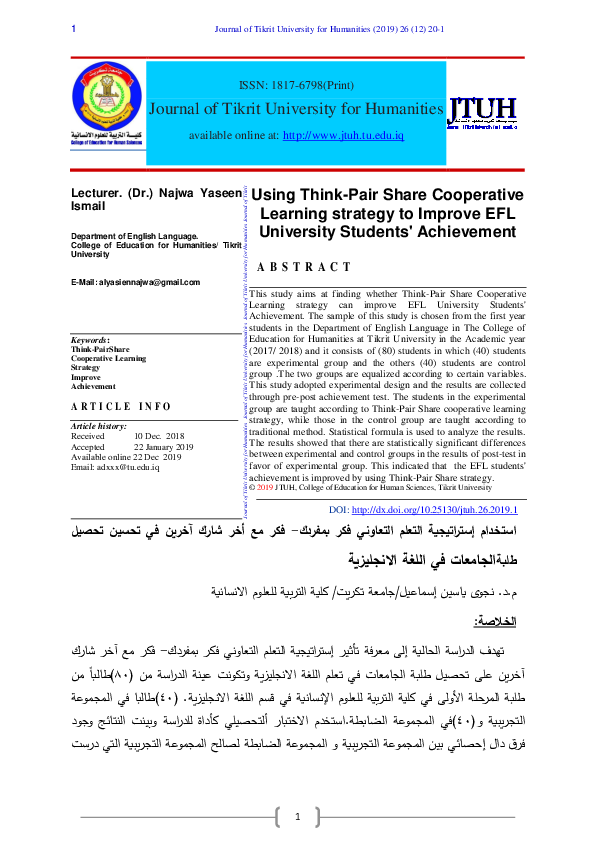 (PDF) Using Think-Pair Share Cooperative Learning strategy to Improve EFL University Students ...