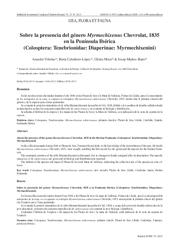(PDF) Sobre la presencia del género Myrmechixenus Chevrolat, 1835 en la ...