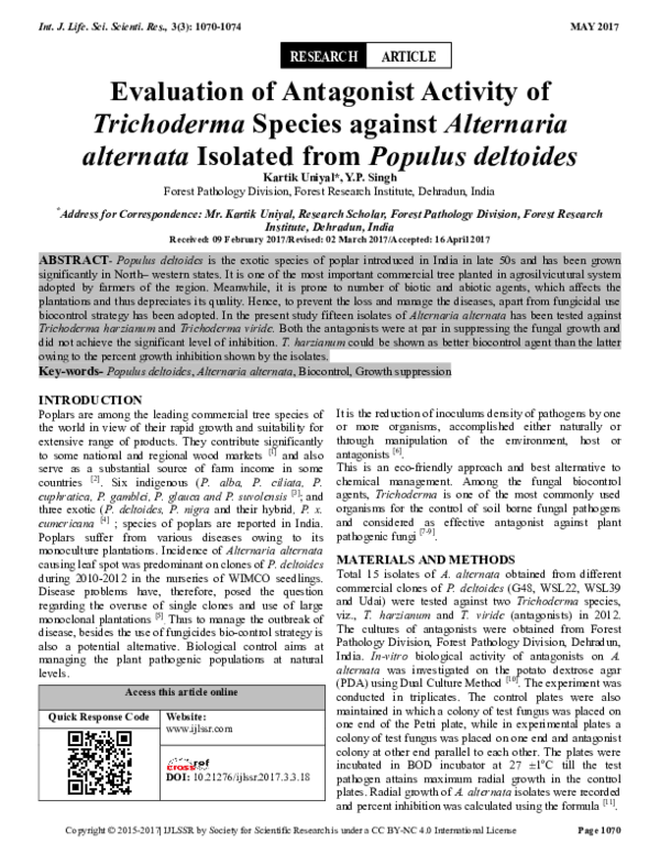 (PDF) Evaluation of Antagonist Activity of Trichoderma Species Against Alternaria alternata ...