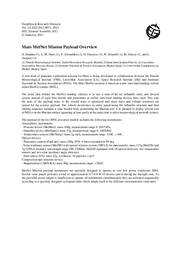 (PDF) Mars MetNet Mission Payload Overview