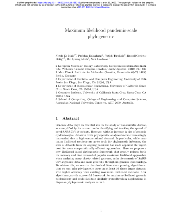 (PDF) Maximum likelihood pandemic-scale phylogenetics | Prabhav Kalaghatgi - Academia.edu