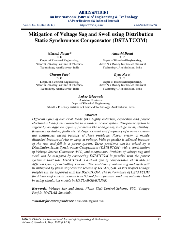 (PDF) Mitigation of Voltage Sag and Swell using Distribution Static Synchronous Compensator ...
