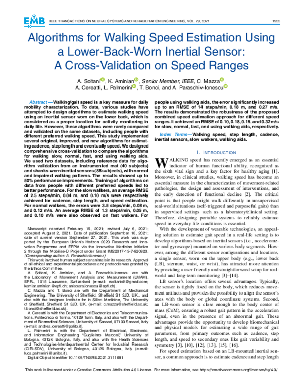 Pdf Algorithms For Walking Speed Estimation Using A Lower Back Worn Inertial Sensor A Cross