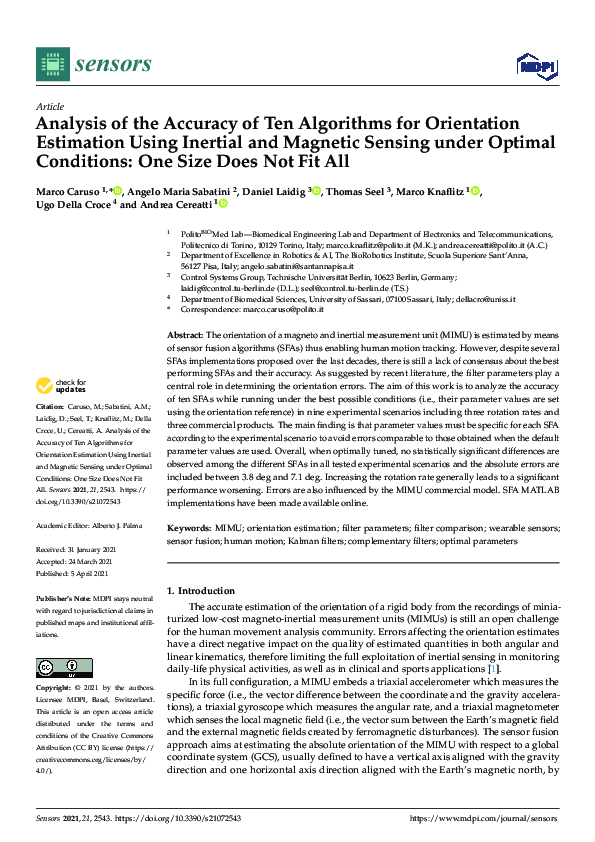 Pdf Analysis Of The Accuracy Of Ten Algorithms For Orientation Estimation Using Inertial And