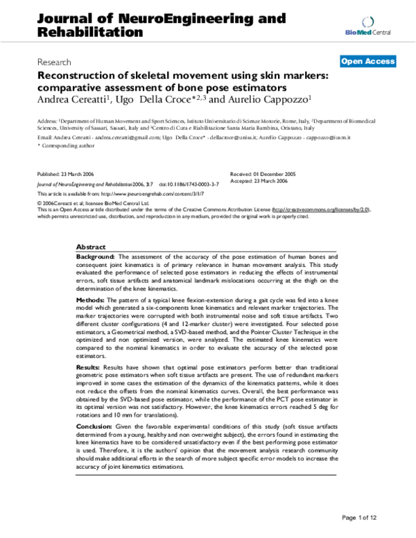 Pdf Reconstruction Of Skeletal Movement Using Skin Markers Comparative Assessment Of Bone