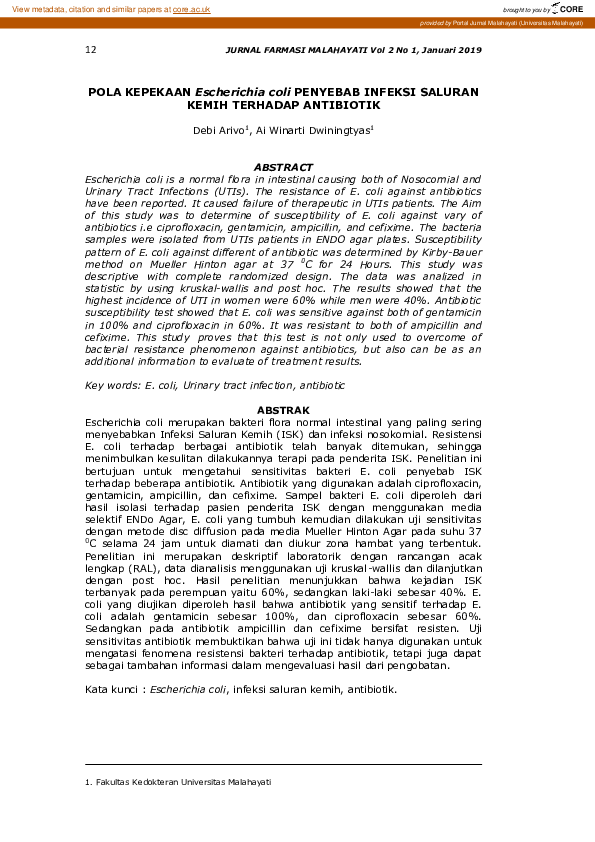 (PDF) POLA KEPEKAAN Escherichia coli PENYEBAB INFEKSI SALURAN KEMIH ...