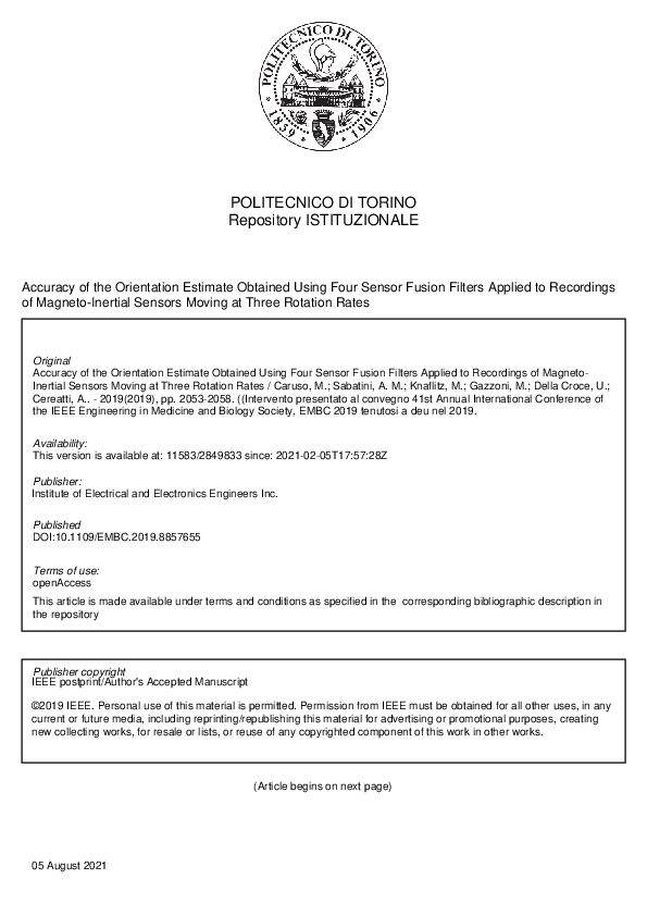 Pdf Accuracy Of The Orientation Estimate Obtained Using Four Sensor Fusion Filters Applied To