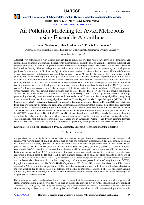 Pdf Air Pollution Modeling For Awka Metropolis Using Ensemble Algorithms Engr Fidelis C