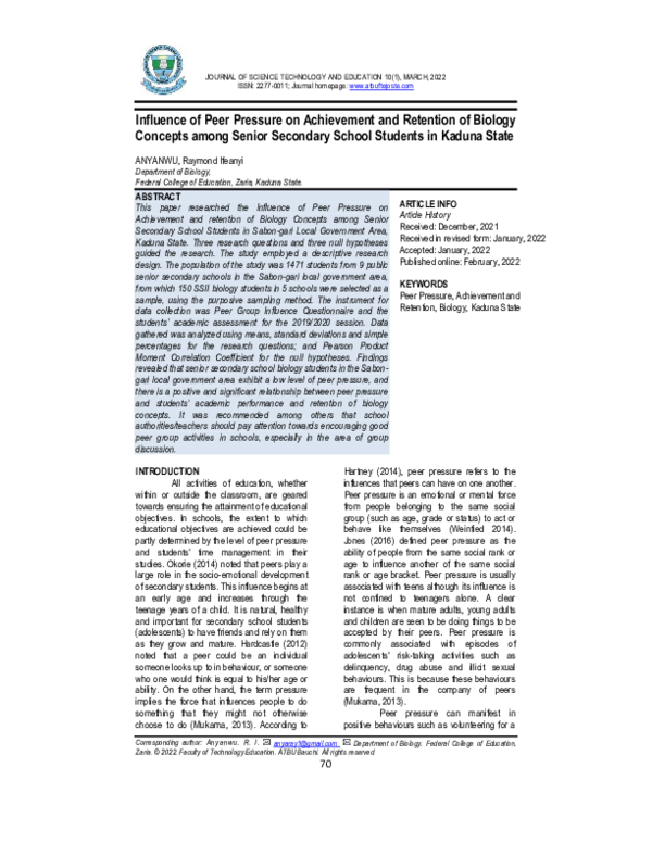 (PDF) Influence of Peer Pressure on Achievement and Retention of ...
