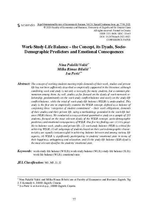 (PDF) Work-Study-Life Balance – the Concept, its Dyads, Socio-Demographic Predictors and ...