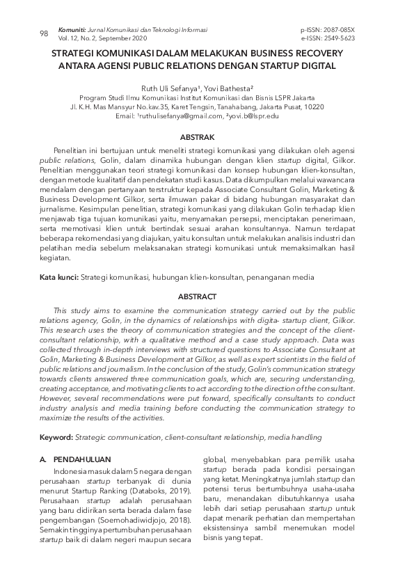 (PDF) Strategi Komunikasi dalam Melakukan Business Recovery Antara ...