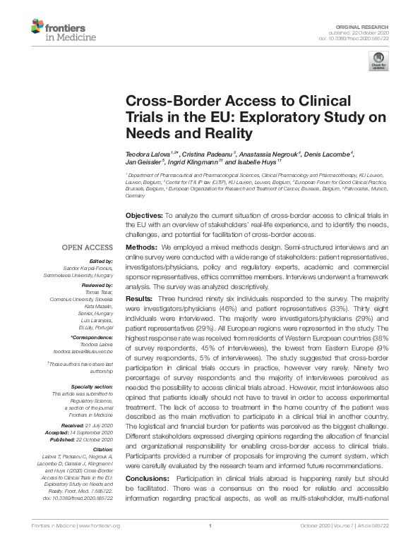 (PDF) Cross-Border Access to Clinical Trials in the EU: Exploratory Study on Needs and Reality
