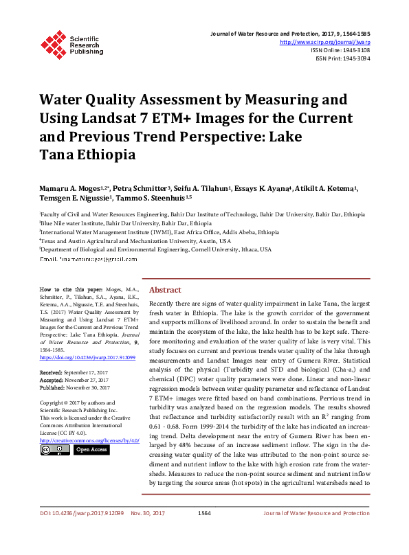 (PDF) Water Quality Assessment by Measuring and Using Landsat 7 ETM+ ...