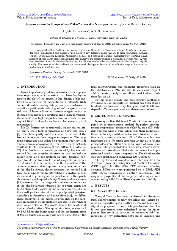 Pdf Improvement In Properties Of Mn Zn Ferrite Nanoparticles By Rare