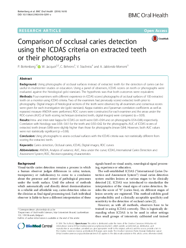 Pdf Comparison Of Occlusal Caries Detection Using The Icdas Criteria On Extracted Teeth Or