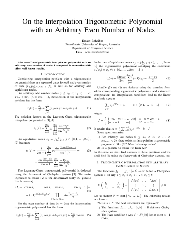 Pdf On The Interpolation Trigonometric Polynomial With An Arbitrary Even Number Of Nodes