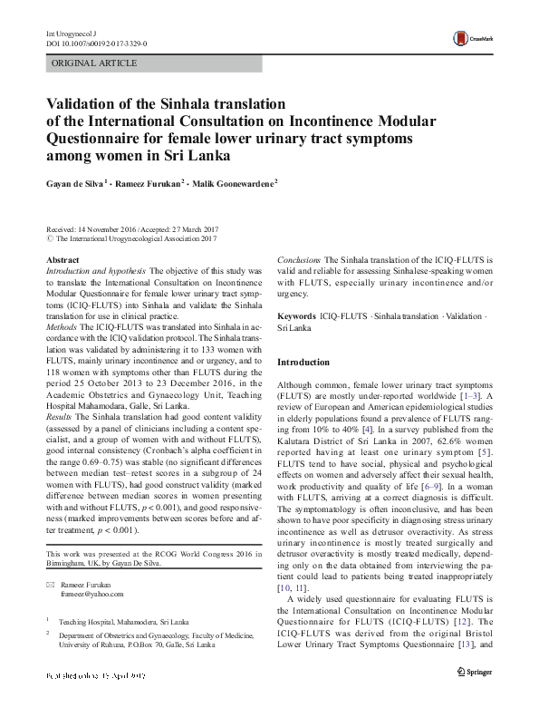 (PDF) Validation of the Sinhala translation of the International ...
