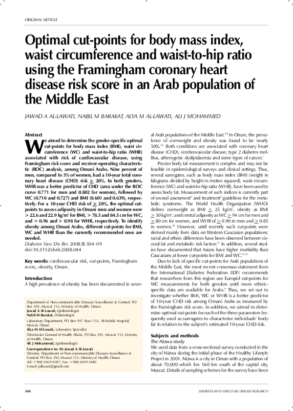 (PDF) Optimal cut-points for body mass index, waist circumference and waist-to-hip ratio using ...