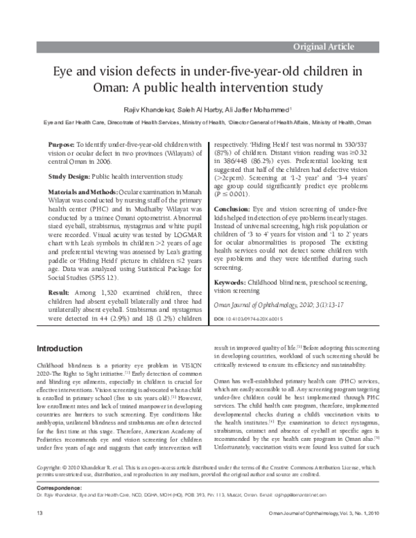 (PDF) Eye and vision defects in under-five-year-old children in Oman: A ...
