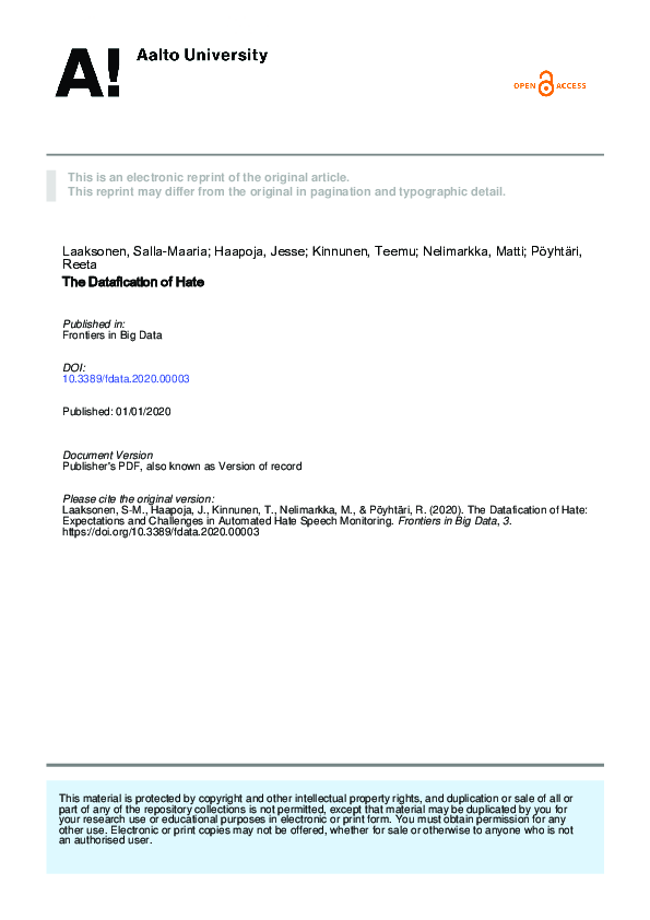 (PDF) The Datafication of Hate: Expectations and Challenges in Automated Hate Speech Monitoring