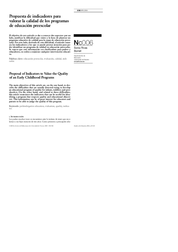 (PDF) Propuesta de indicadores para valorar la calidad de los programas de educación preescolar