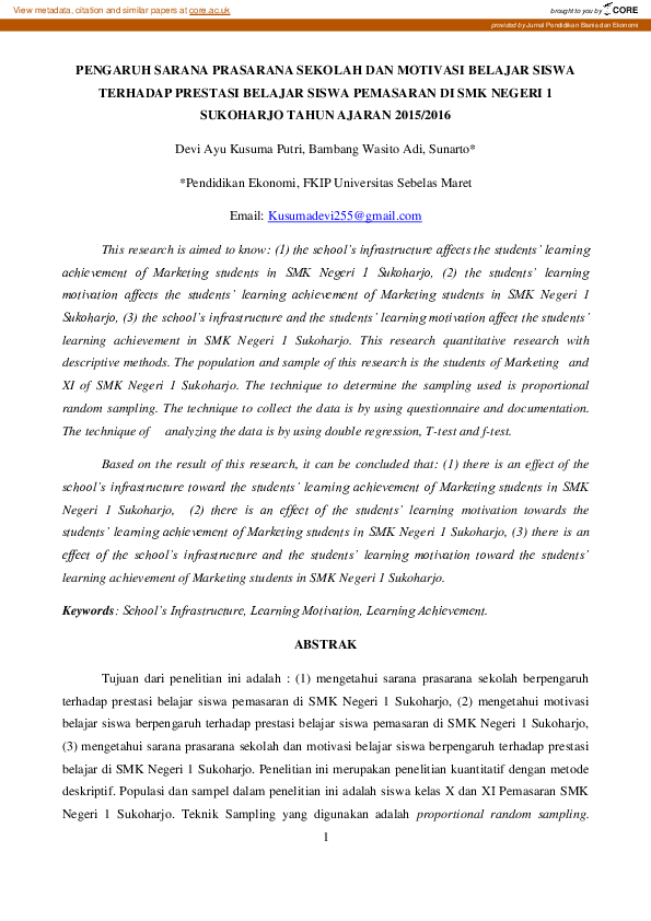 (PDF) Pengaruh Sarana Prasarana Sekolah Dan Motivasi Belajar Siswa Terhadap Prestasi Belajar ...