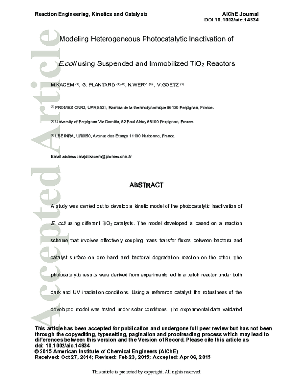 (PDF) Modeling heterogeneous photocatalytic inactivation ofE. coliusing suspended and ...