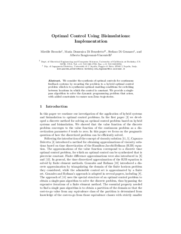 (PDF) Optimal Control Using Bisimulations: Implementation