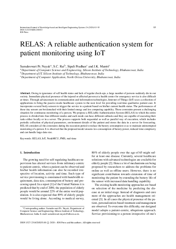 (PDF) RELAS: A reliable authentication system for patient monitoring using IoT