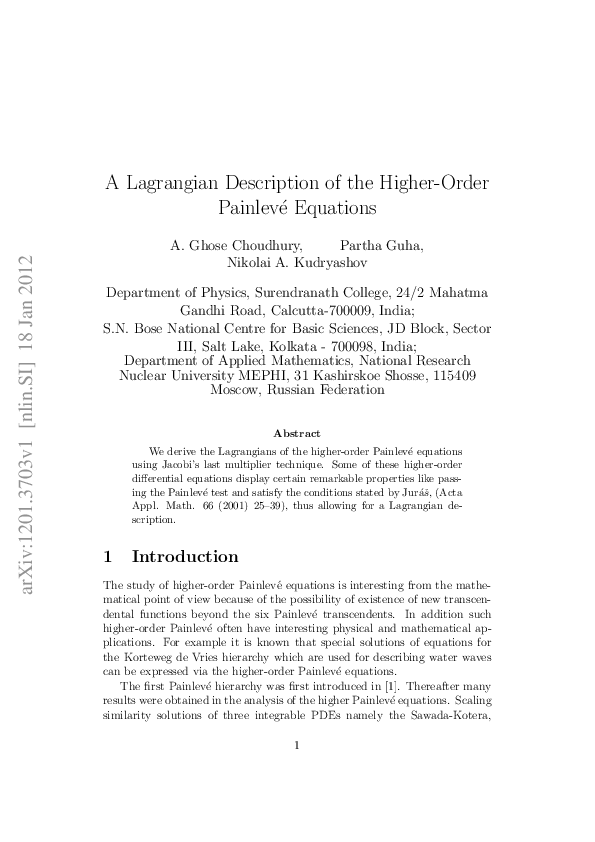 (PDF) A Lagrangian description of the higher-order Painlevé equations ...