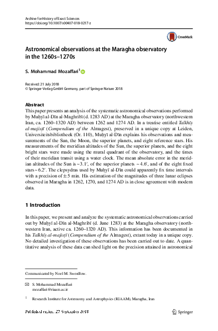 (PDF) Astronomical observations at the Maragha observatory in the 1260s ...