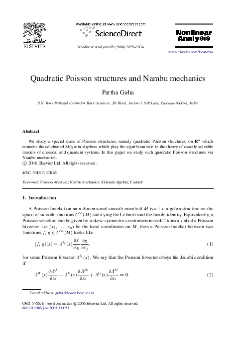 (PDF) Quadratic Poisson structures and Nambu mechanics | Partha Guha - Academia.edu