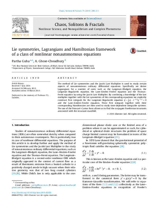 (PDF) Lie symmetries, Lagrangians and Hamiltonian framework of a class of nonlinear ...