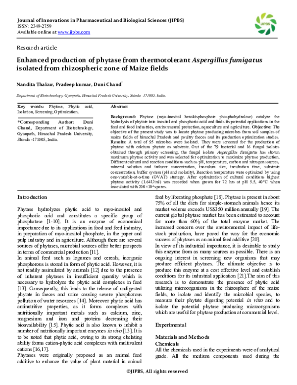 (PDF) Enhanced production of phytase from thermotolerant Aspergillus ...
