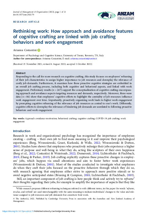 (PDF) Rethinking work: How approach and avoidance features of cognitive ...