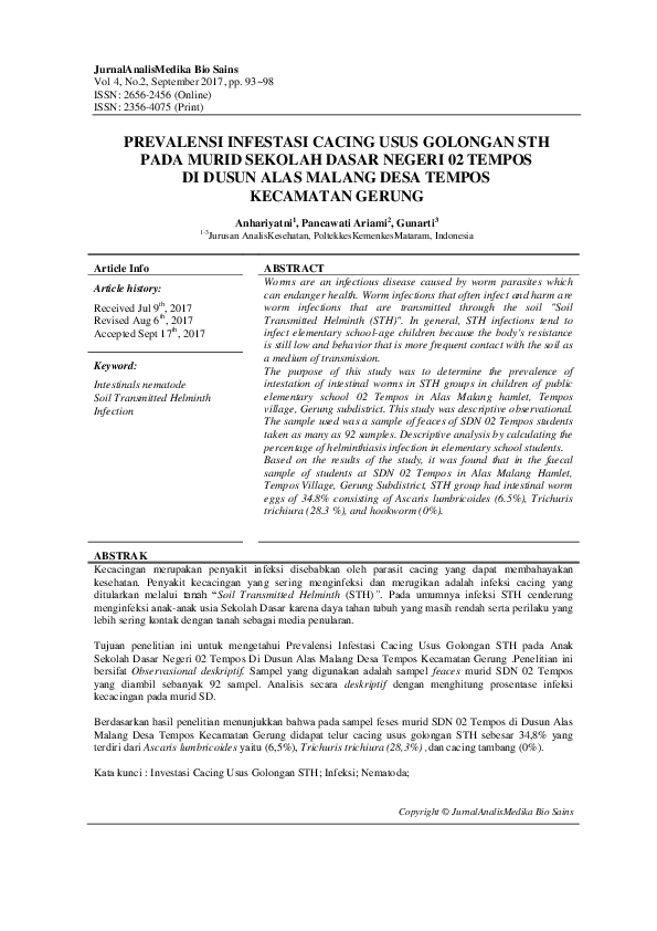 (PDF) Prevalensi Infestasi Cacing Usus Golongan Sth Pada Murid Sekolah Dasar Negeri 02 Tempos Di ...