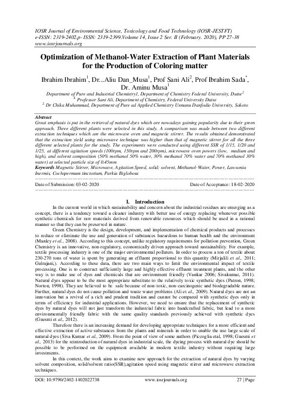 (PDF) Optimization of Methanol-Water Extraction of Plant Materials for the Production of ...