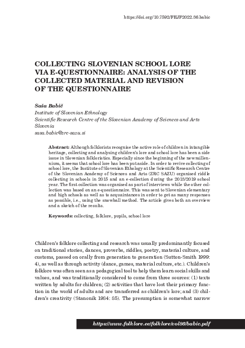 (PDF) Collecting Slovenian School Lore Via E-Questionnaire: Analysis of the Collected Material ...